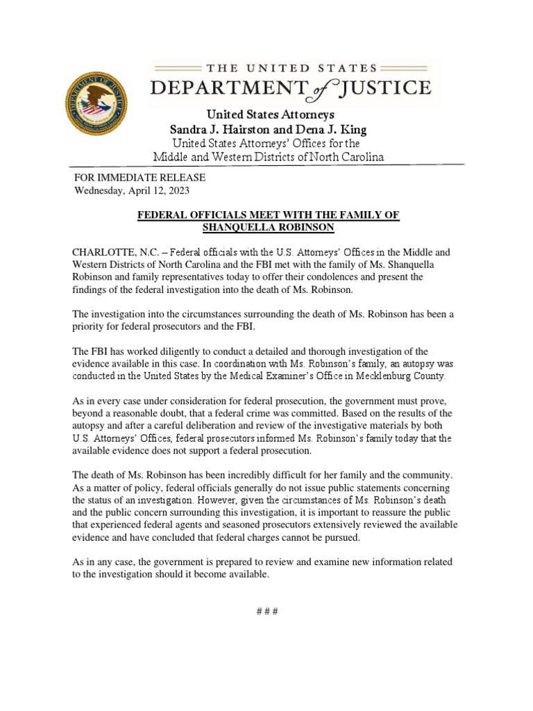 DOJ Statement On Shanquella Robinson Case April 12, 2023 | PDF