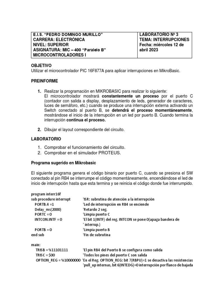 Guia de Lab 3 - Interrupcion | PDF | Microcontrolador | Hardware de la computadora