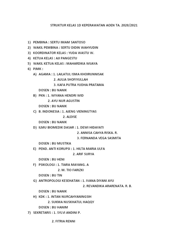 Struktur Kelas 1D Keperawatan Aoen Ta | PDF