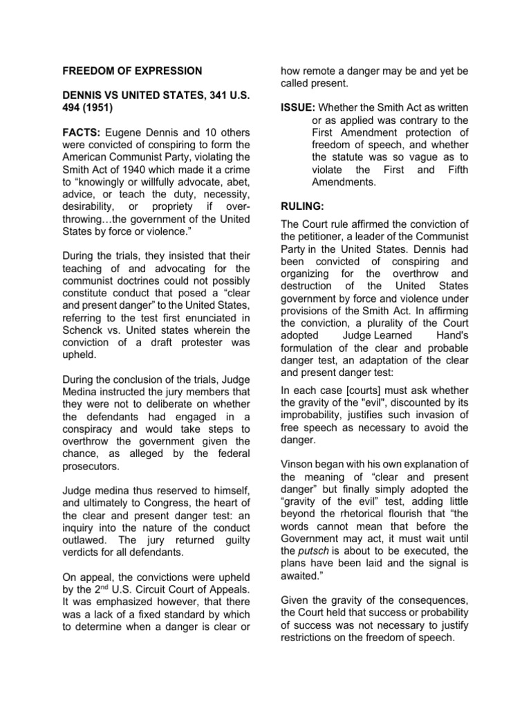 Dennis v. United States: Free Speech Limits | PDF | Federal Government ...