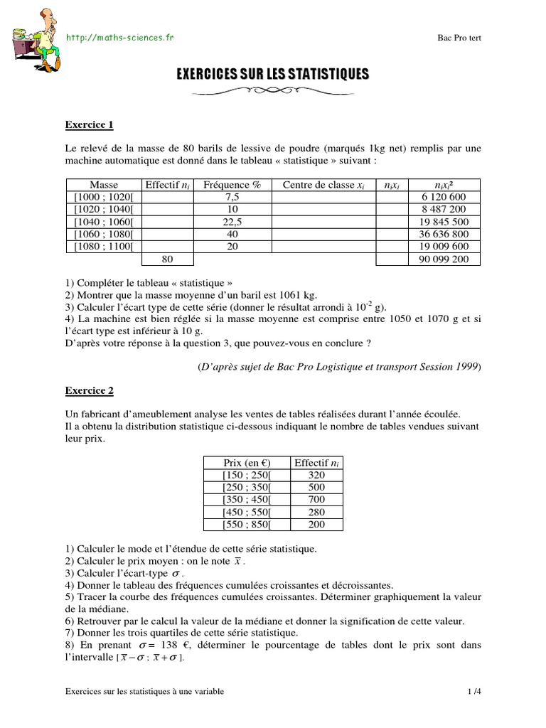 Exercices Statistiques Bac Pro Corrigés | PDF | Médiane (statistiques ...