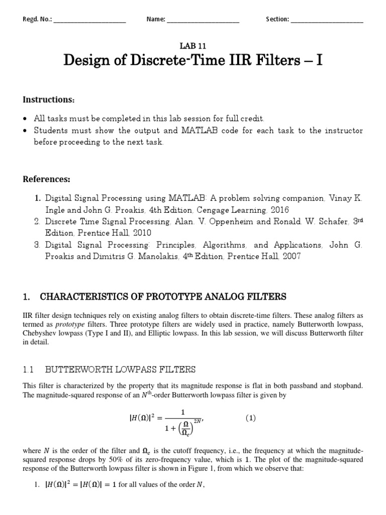 LAB 11 - Design of Discrete-Time IIR Filters - I | PDF | Low Pass Filter | Mathematics