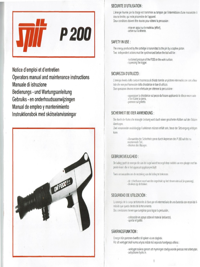 Spit P200 Powder Actuated Nail Gun Operators Manual and Maintenance ...