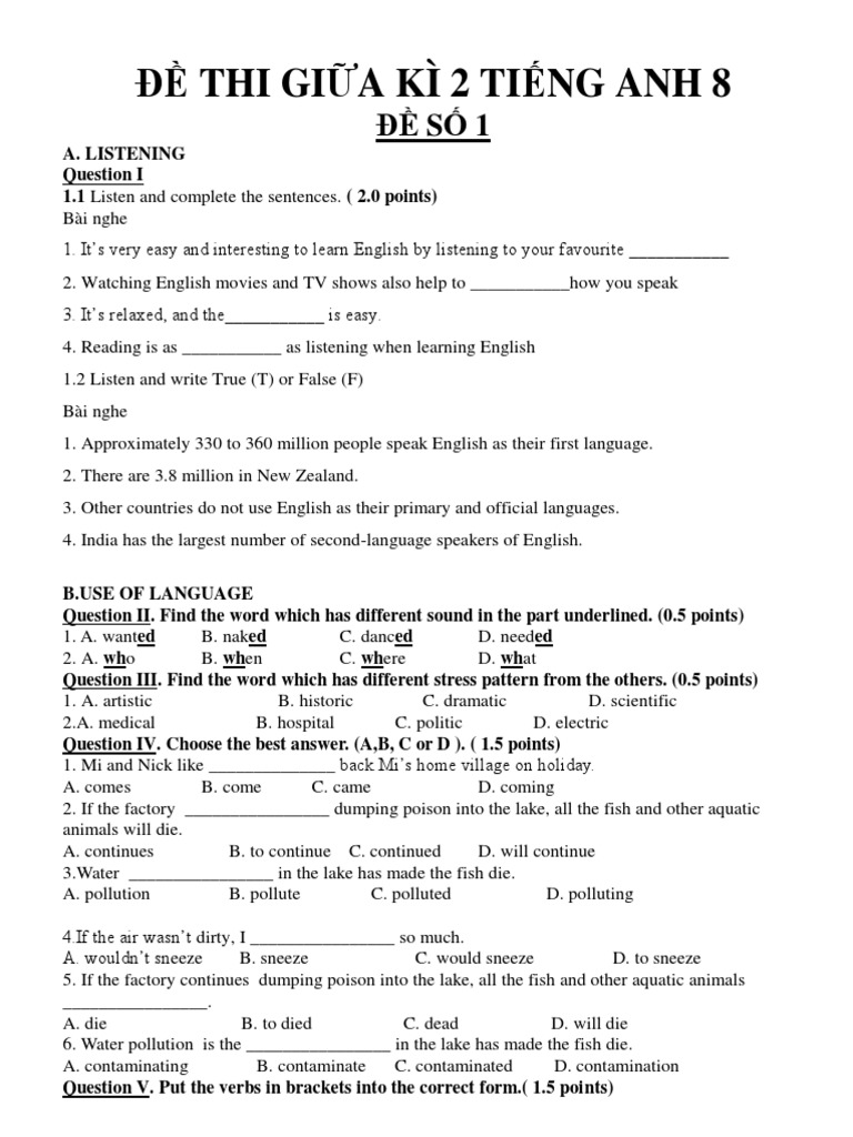 De Thi Giua Hoc Ki 2 Tieng Anh 8 | PDF | Pollution
