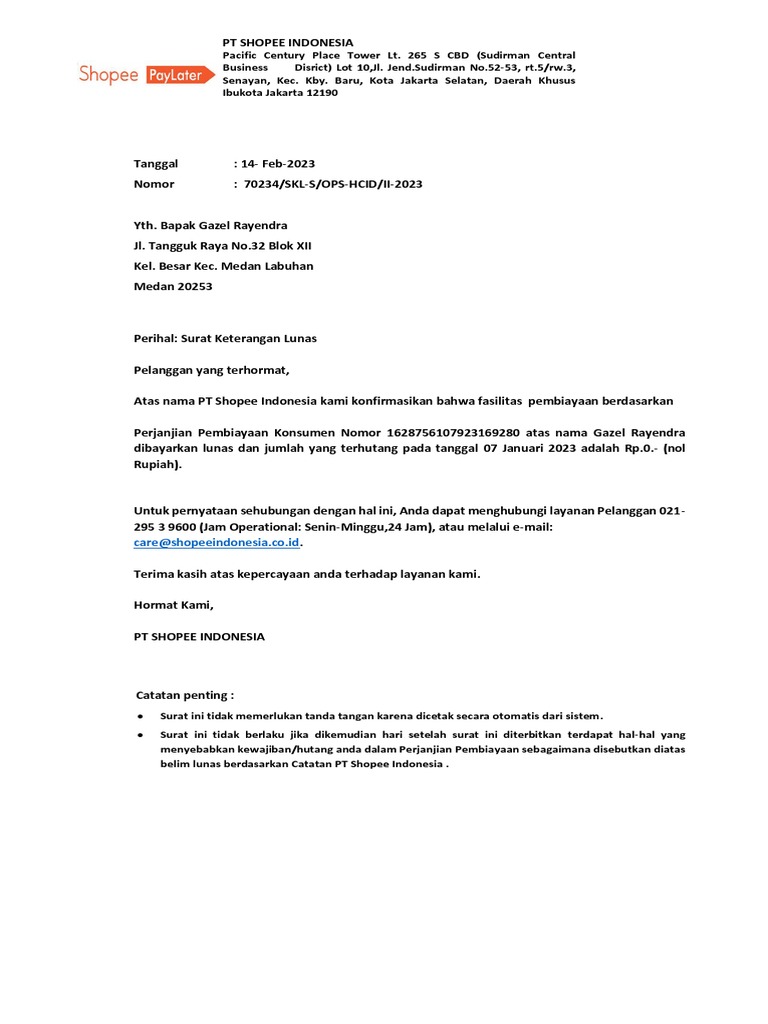 Surat Lunas SHOPEE | PDF | Karier & Perkembangan