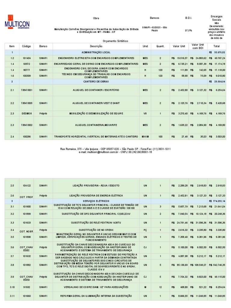Planilha Manutenção Corretiva e Emergencial Da SUBESTAÇÃO DE ENTRADA E ...