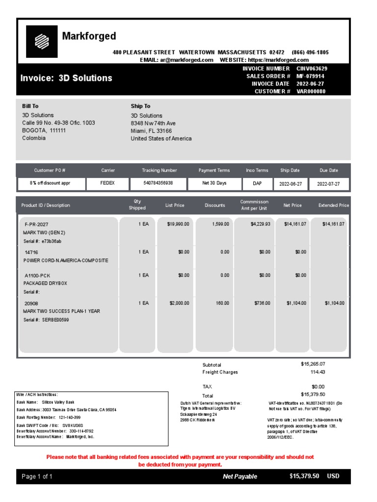 Markforged: Invoice: 3D Solutions | PDF | Value Added Tax | Invoice