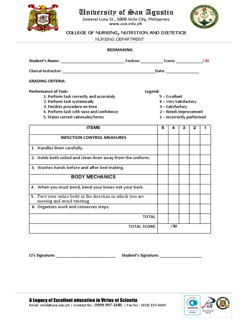2023 Bedmaking Checklist - Closed and Open | PDF | Anatomical Terms Of ...