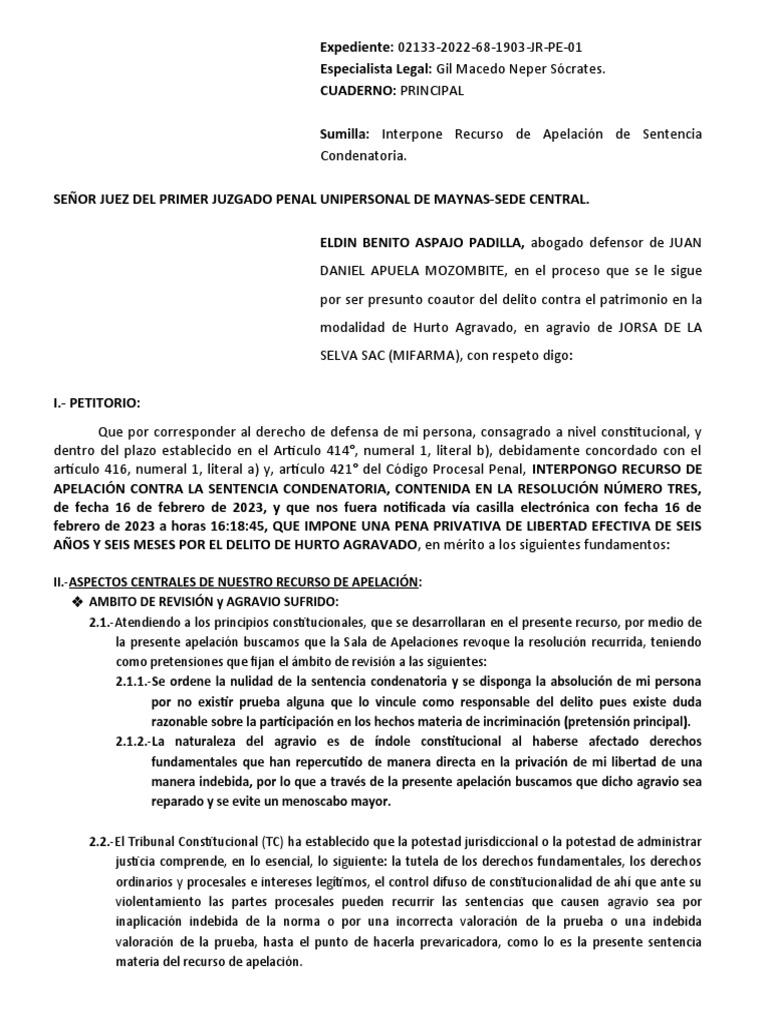 APELACION+SENTENCIA+JUAN+DANIEL+APUELA+MOZOMBITE+FEBRERO+2023 | Descargar gratis PDF | Debido al ...