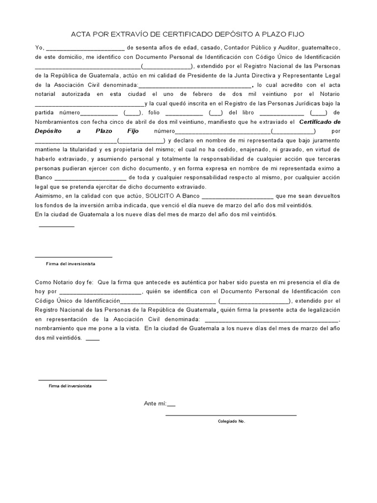 Minuta Acta de Extravío de Certificado de Depósito | PDF | Justicia | Crimen y violencia