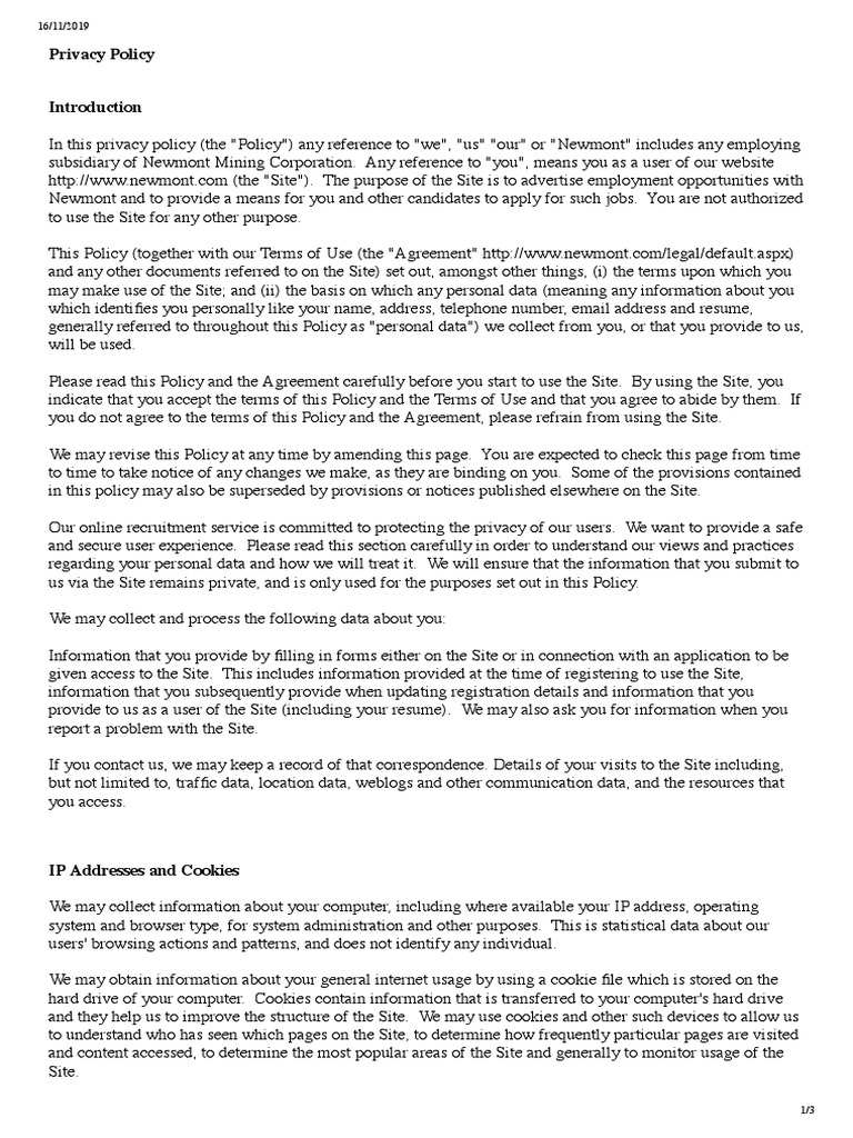 Newmont Career Jobs Policy | PDF | Http Cookie | Cyberspace
