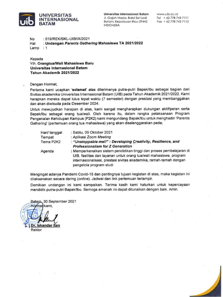 Surat Undangan Parents Gathering 2021 | PDF