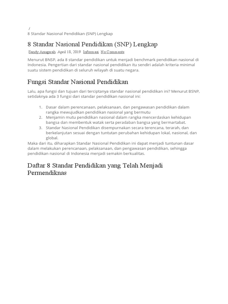 8 Standar Nasional Pendidikan | PDF
