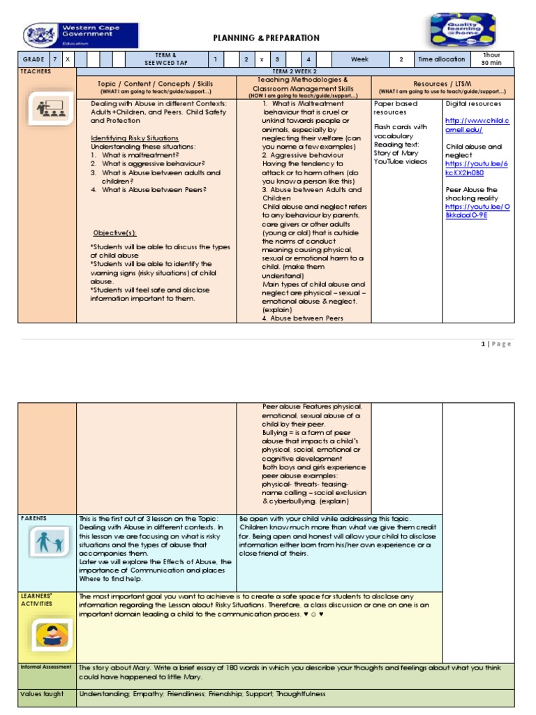 Lesson Plan Gr. 7 Life Orientation T2 W2 | Download Free PDF | Child ...