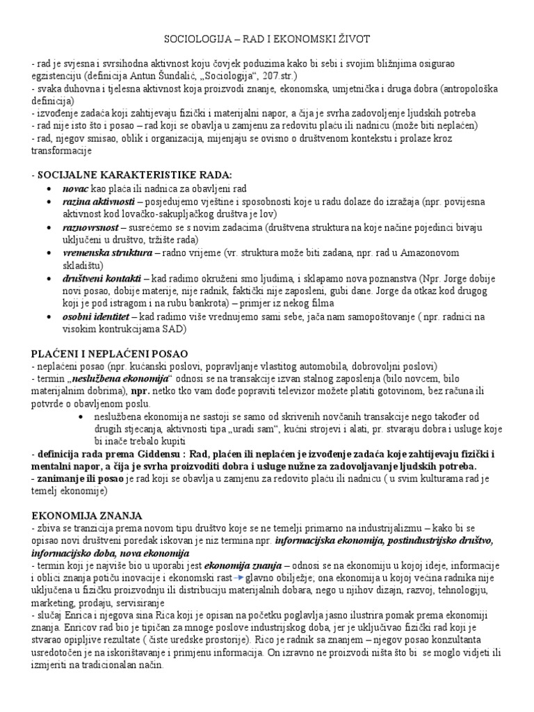 Sociologija - Rad I Ekonomski Život | PDF