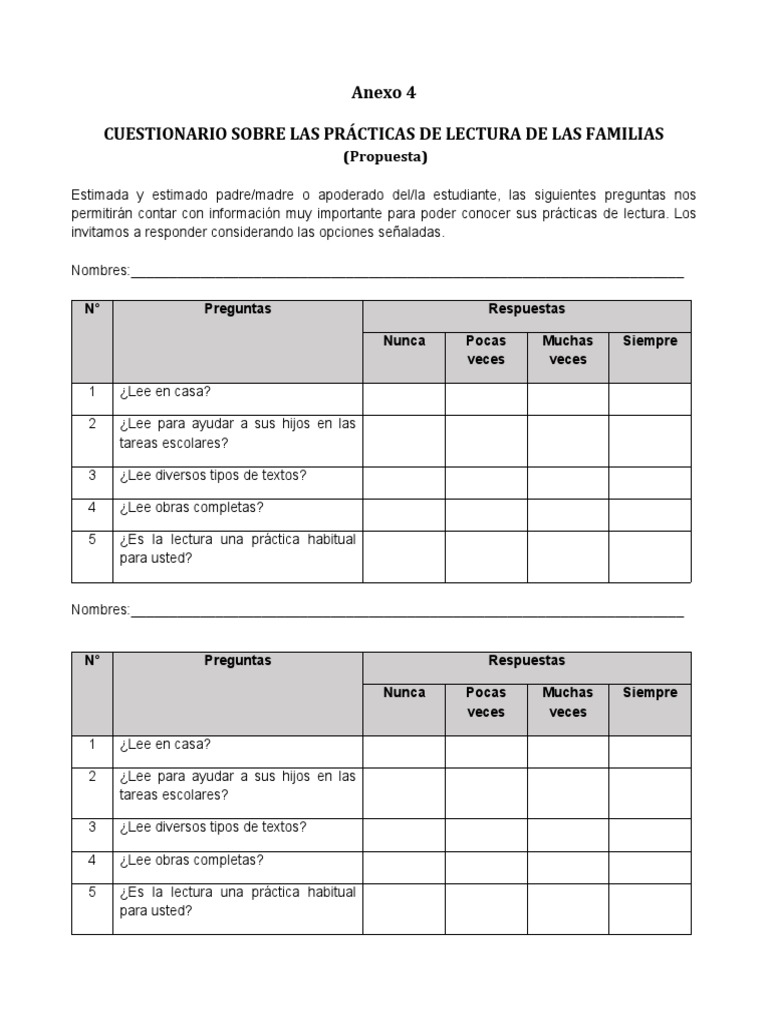 Anexo 4 - Cuestionario Sobre Lectura de Las Familias | PDF