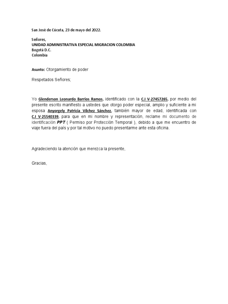 Solicitud de poder para tramitar documento de identidad en representación de otra persona | PDF