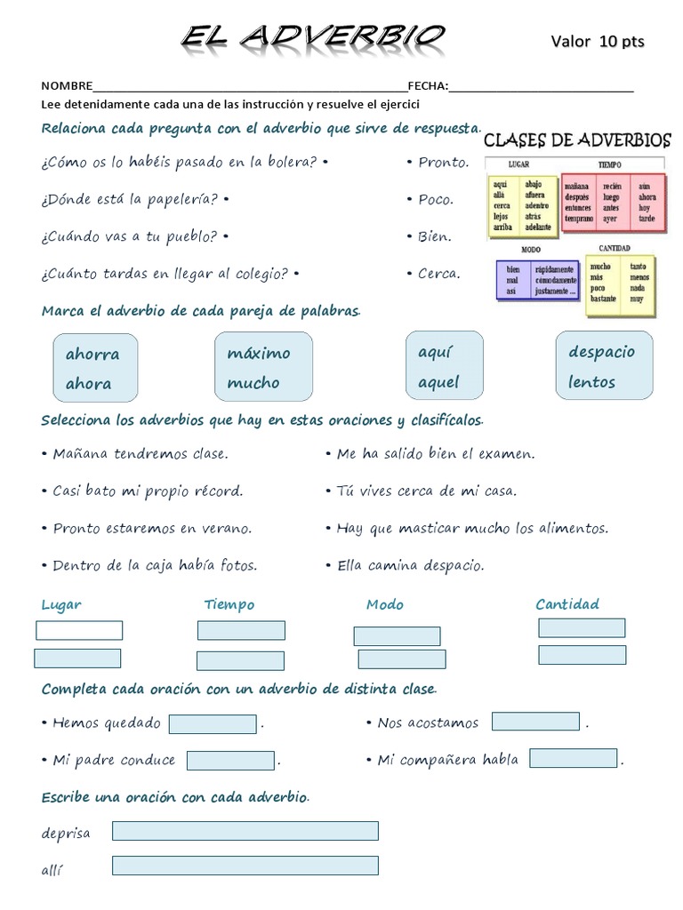 Comprensión de adverbios: Un ejercicio para identificar y clasificar adverbios | PDF