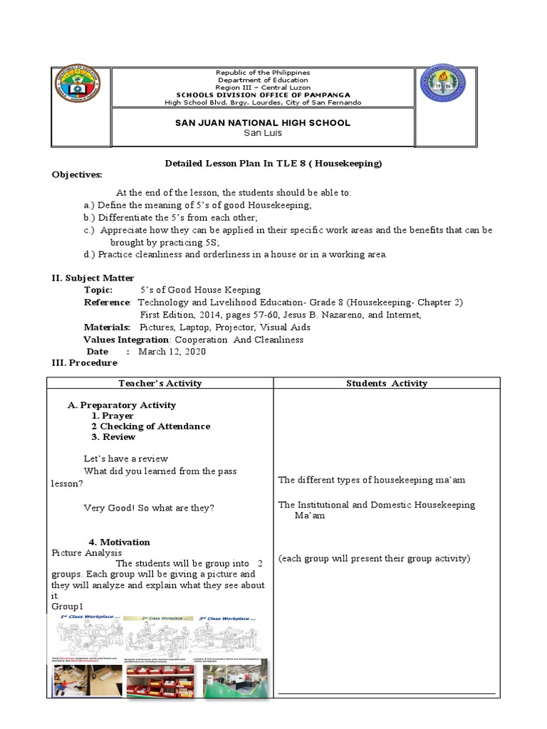 5S Housekeeping Lesson Plan for TLE 8 | PDF | Disciplines | Housekeeping