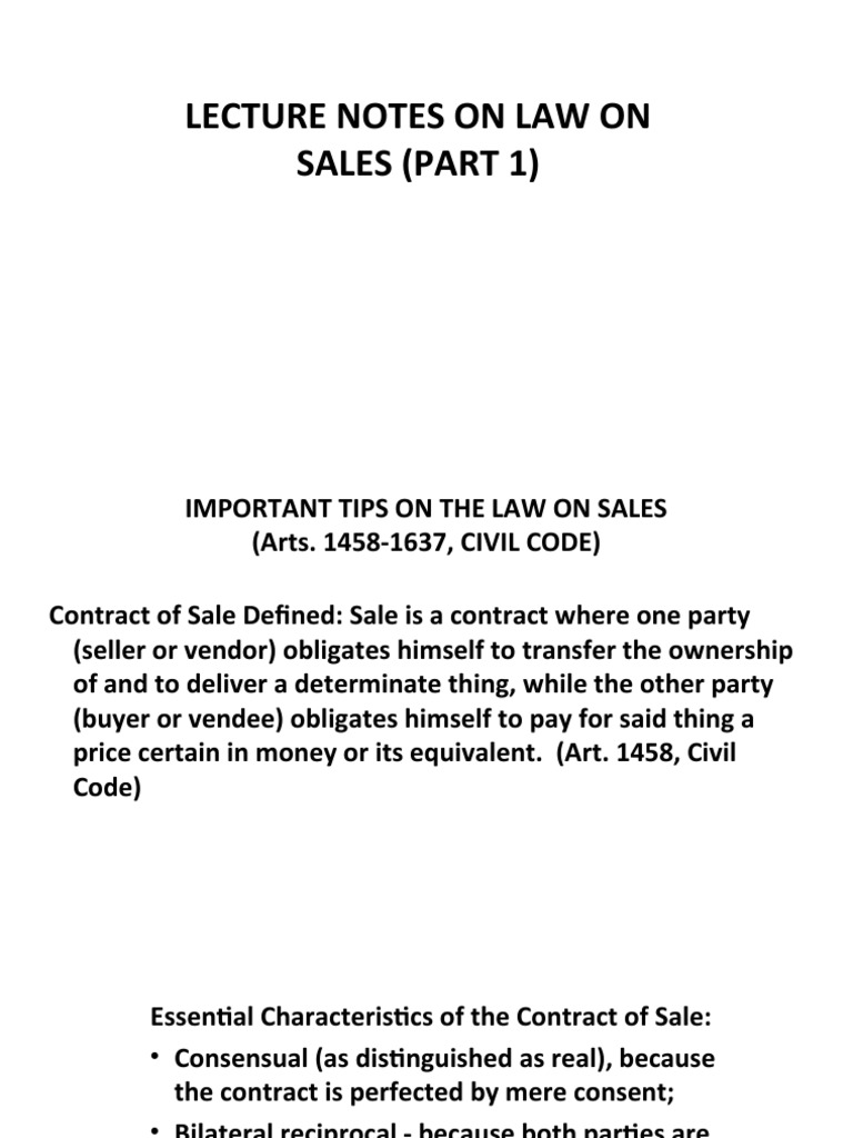 Lecture Notes On Law On Sales (Part 1) | PDF | Auction | Law Of Agency