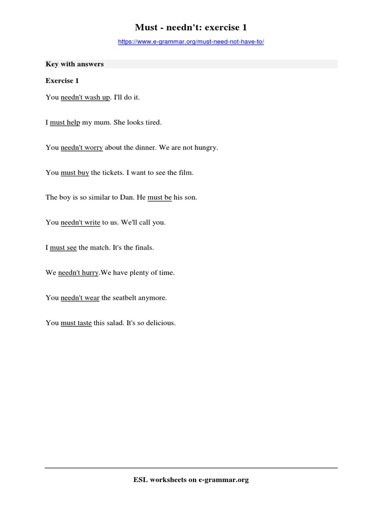 Must - Needn't: Exercise 1: Key With Answers Exercise 1 | PDF