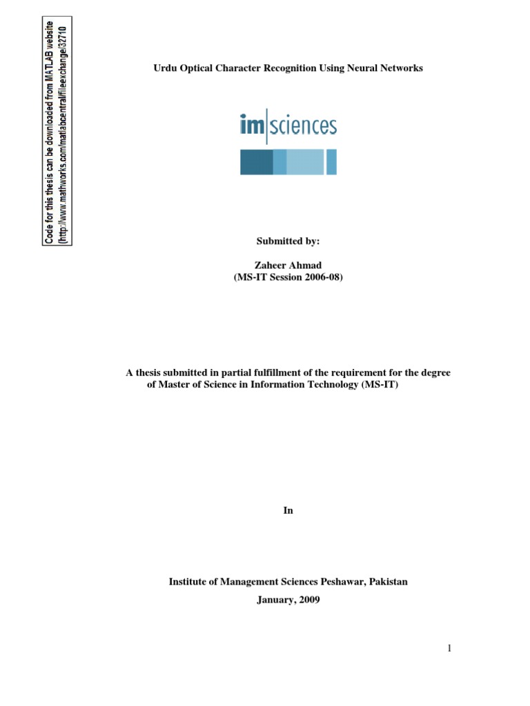 Urdu Optical Character Recognition OCR Thesis Zaheer Ahmad Peshawar Its ...