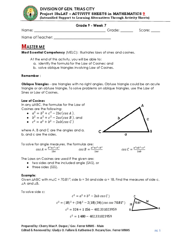 Math9 Q4 W7 | PDF | Triangle | Angle