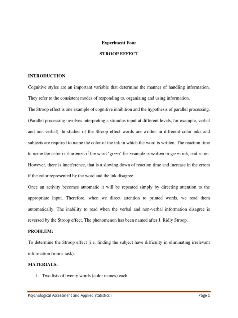 Experiment 4 Stroop Effect Pdf Cognitive Science Cognition