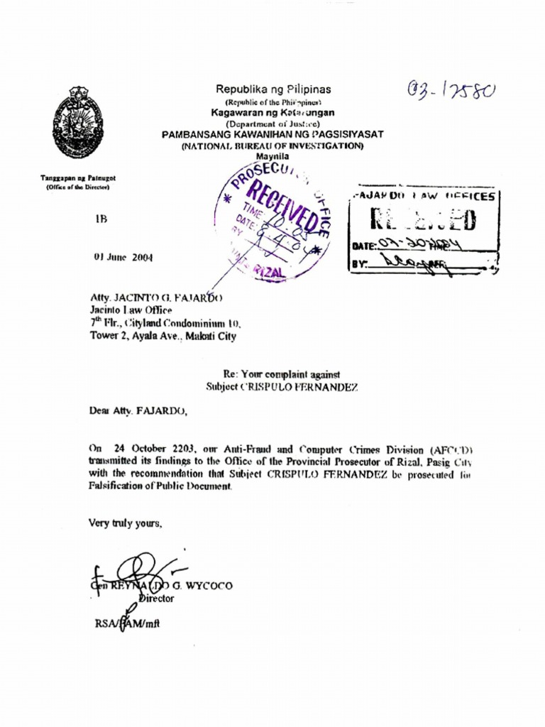 NBI Disposition Form 03-12580 | PDF