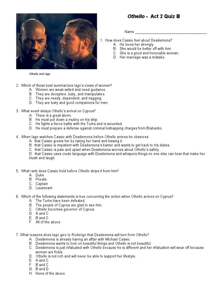 Act 2 Quiz B | PDF | Iago | Othello
