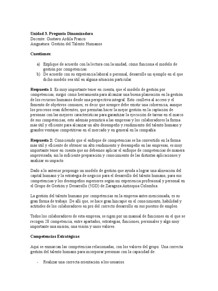 Pregunta Dinamizadora Unidad 3 | PDF | Gestión del talento | Planificación Pregunta Dinamizadora Unidad 3 | PDF | Gestión del talento | Planificación