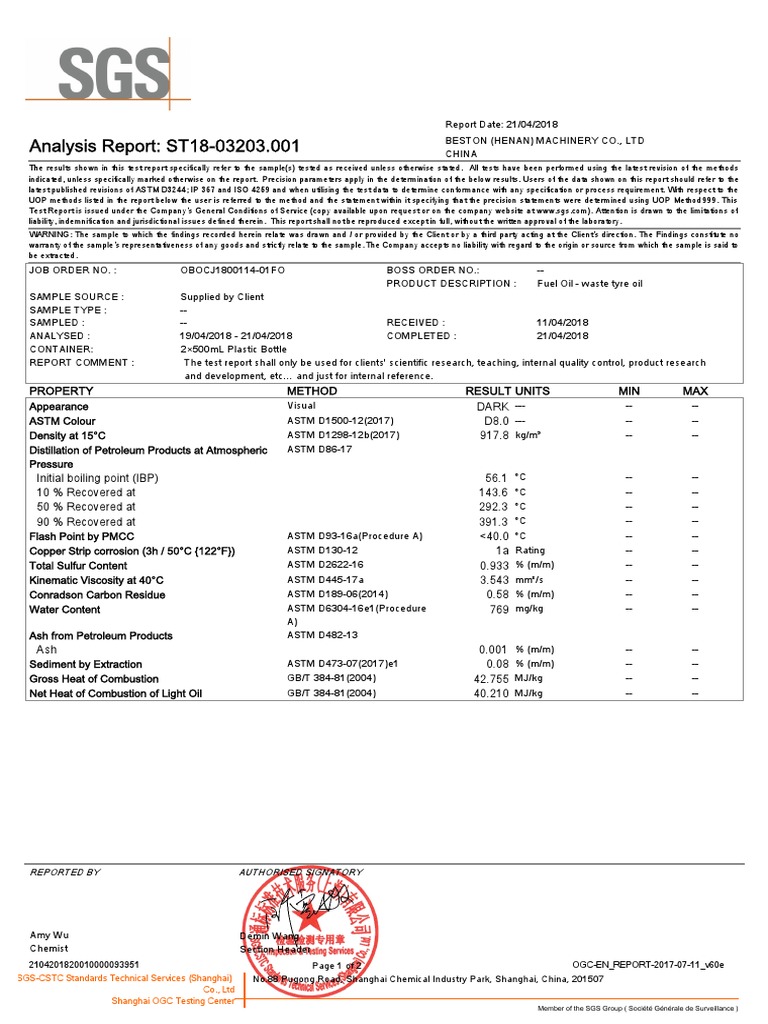 Analysis of Waste Tyre Oil | PDF | Petroleum | Fuels