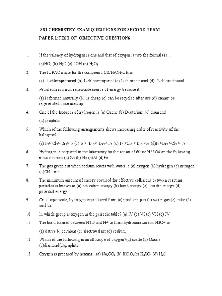 Ss2 Chemistry Exam Questions For Second Term | PDF | Nitrogen | Mole (Unit)