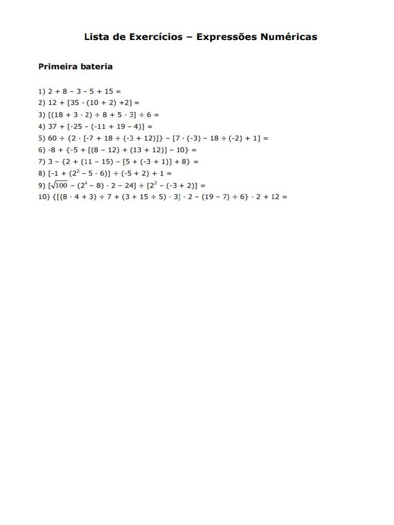 Lista de Exercícios Expressões Numéricas | PDF