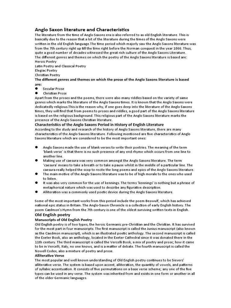 Anglo Saxon Literature and Characteristics | PDF | English Literature ...