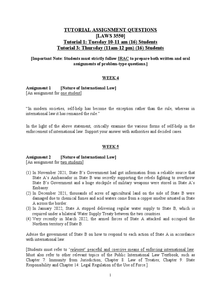 Public International Law Tutorial Questions | PDF | International Law | International Relations