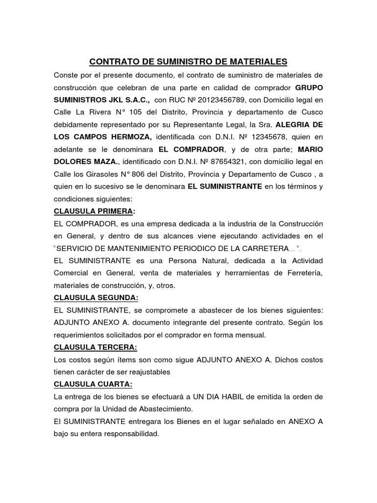 MODELO DE CONTRATO DE SUMINISTRO DE MATERIALES | PDF