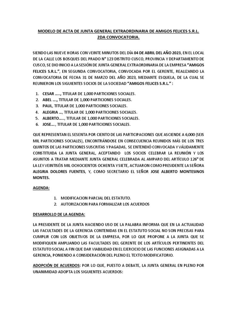 Modelo de Acta de Junta General Extraordinaria de Amigos Felices S | PDF Modelo de Acta de Junta General Extraordinaria de Amigos Felices S | PDF