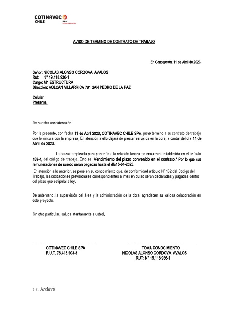 Carta Aviso Terrmino de Contrato - 159-4 Vencimiento Del Plazo | PDF