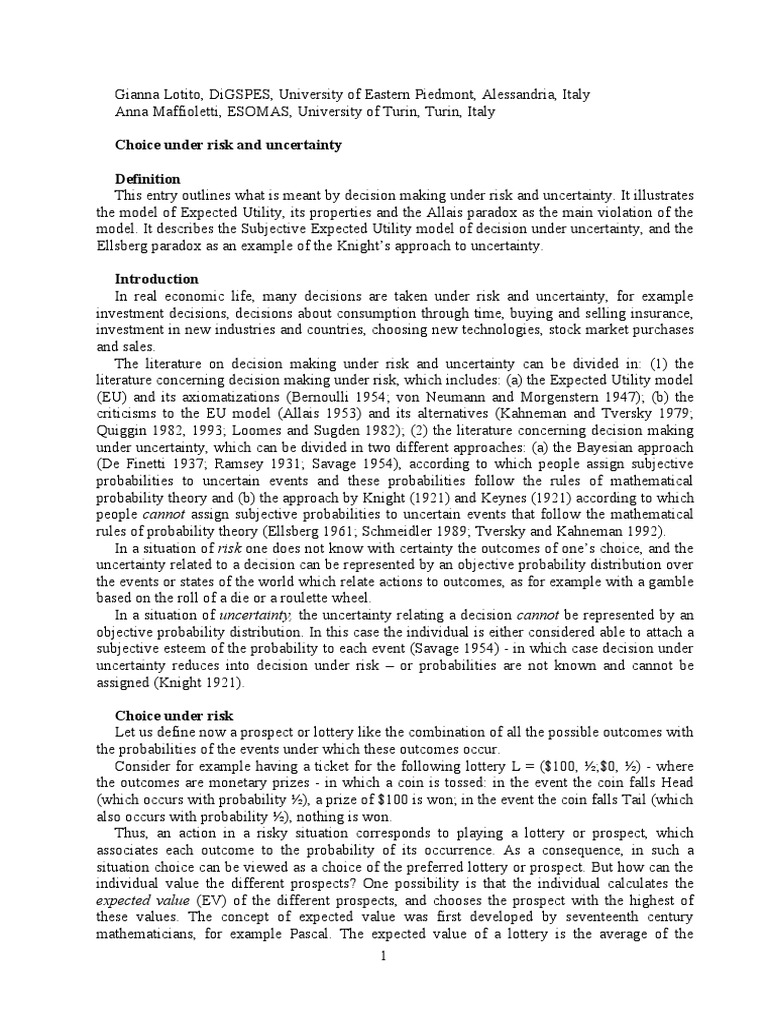 Decision Making Under Risk And Uncertainty Pdf Utility Decision