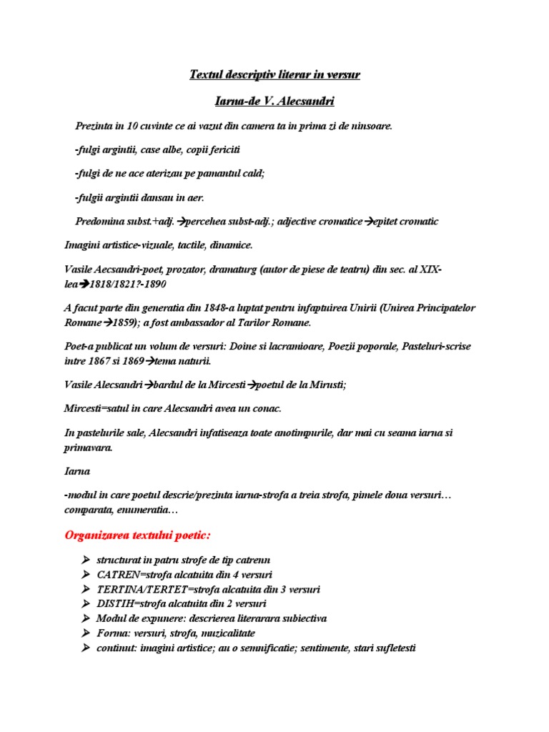 Textul Descriptiv Literar in Versuri | PDF