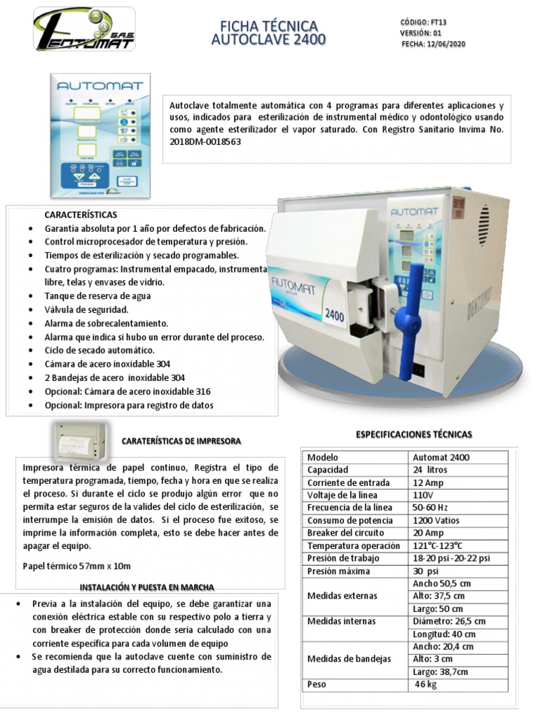 Ficha TECNICA Autoclave 24 Litros | PDF | Bienes manufacturados