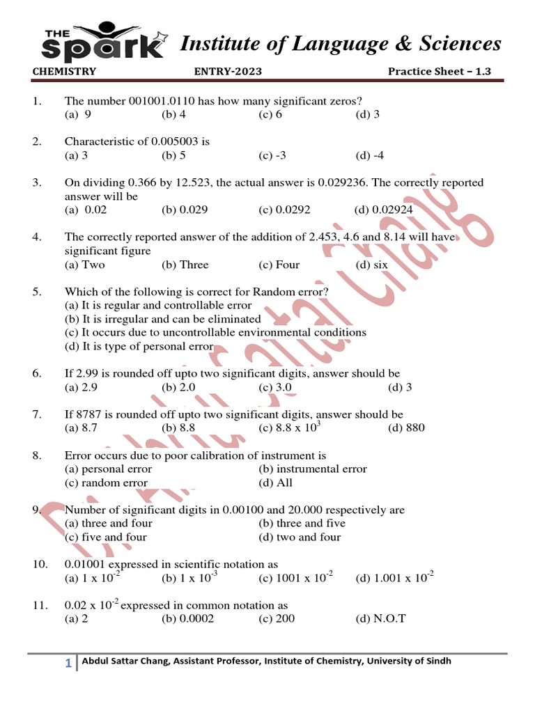 Institute of Language & Sciences: Chemistry ENTRY-2023 Practice Sheet ...