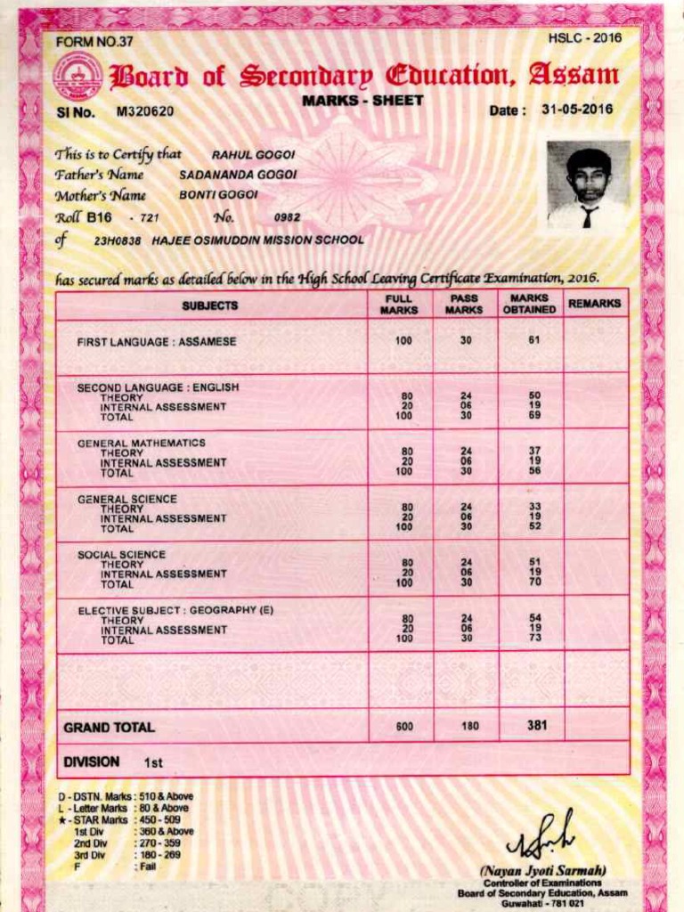 10th Marksheet | PDF
