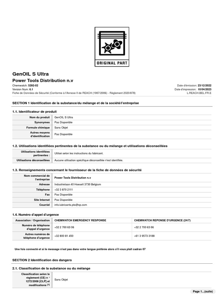 Fiche de Données de Sécurité GenOIL S Ultra | PDF | La combustion ...
