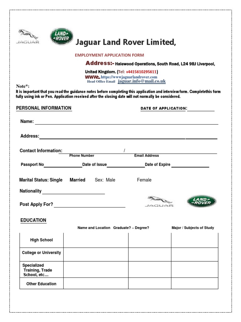 Jaguar Land Rover Employment Application | PDF