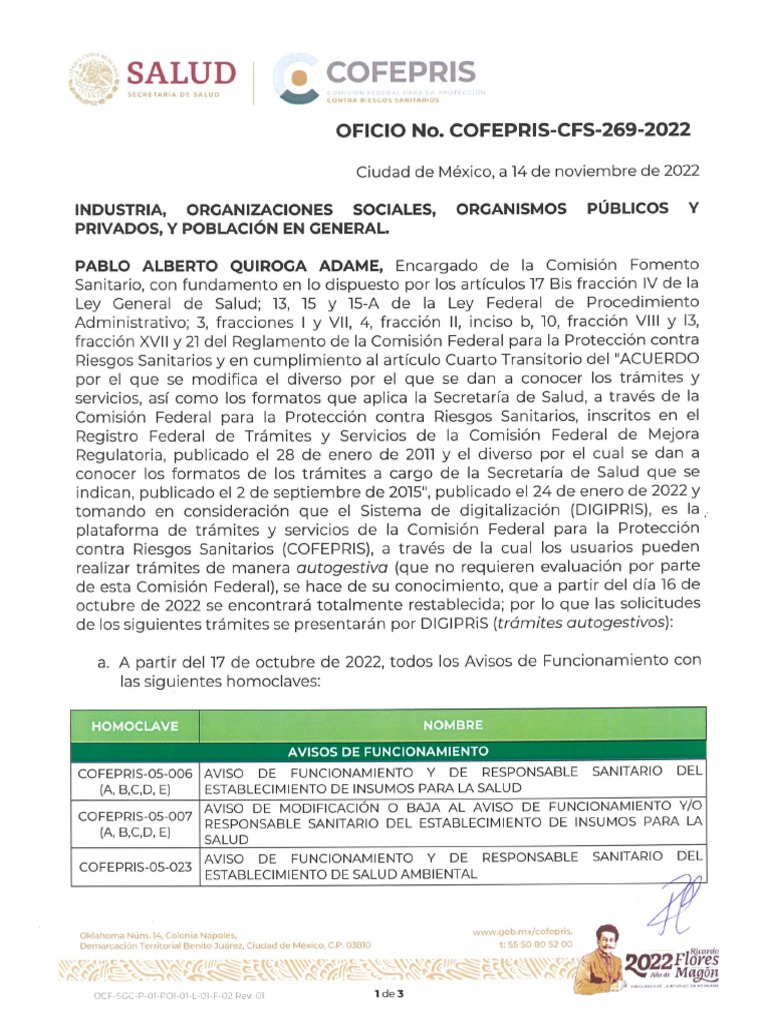 Oficio Cofepris-Cfs-269-2022 | PDF
