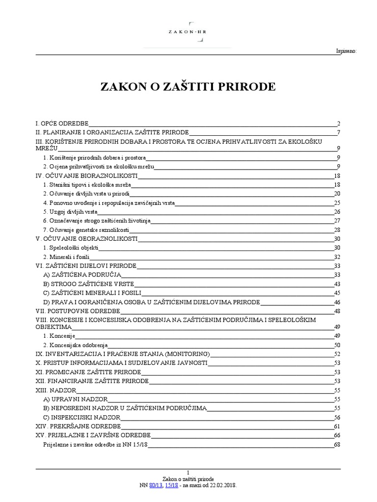 Zakon o Zastiti Prirode 2018 | PDF