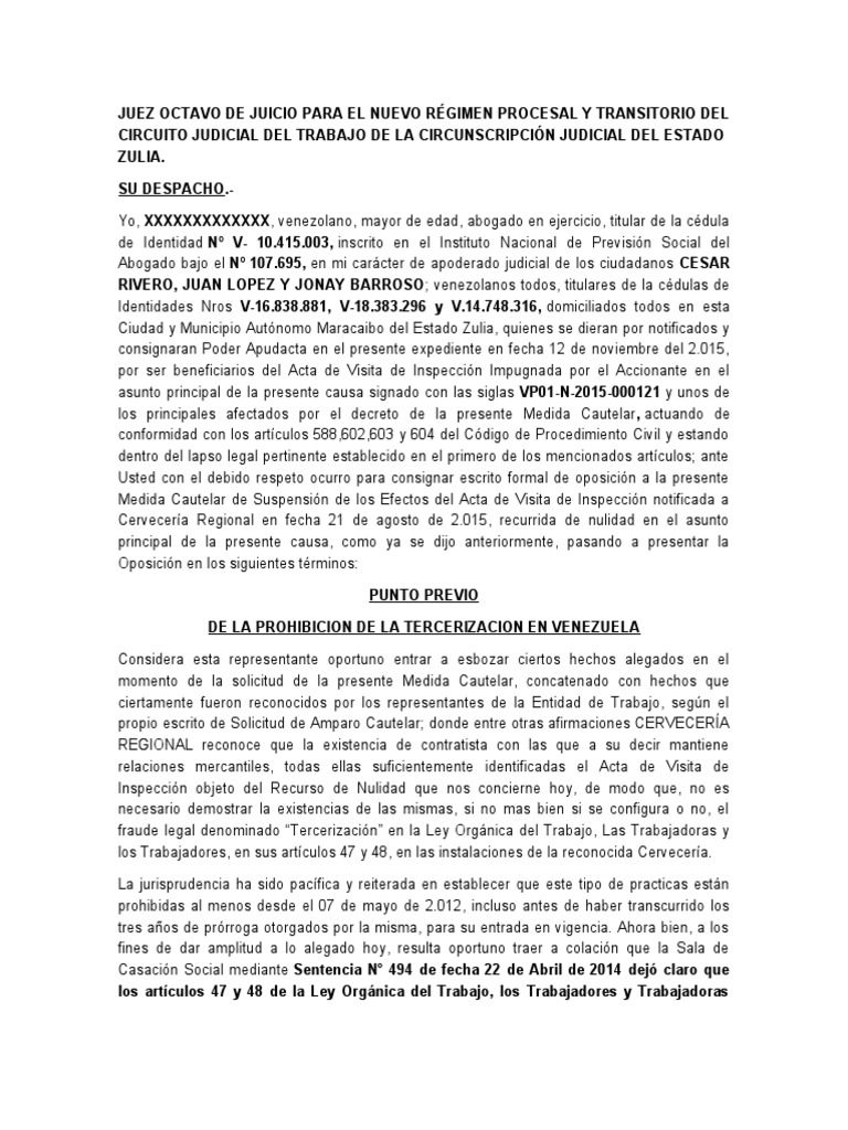 Modelo de Medida Cautelar Caso Laboral | PDF | Mandato | Derecho laboral