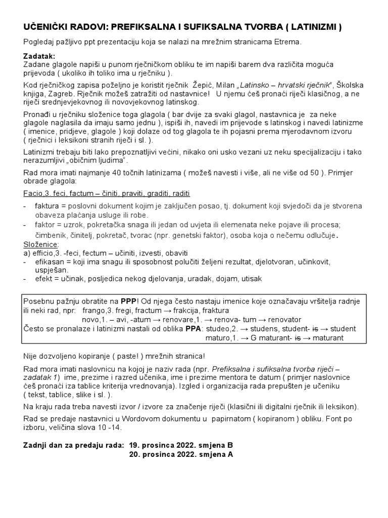 Uč. Radovi2 - Glagoli - Tvorba Riječi - Analitička Tablica | PDF